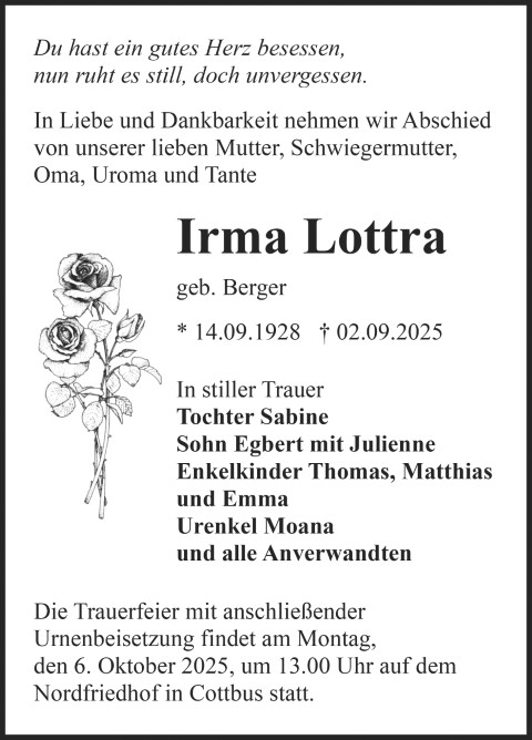 Irma Lottra gebr. Berger - Nachrichten aus Südbrandenburg